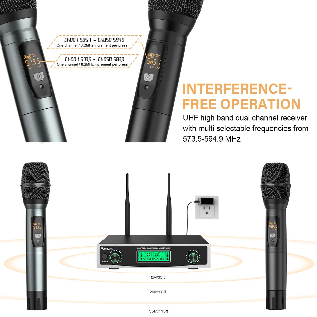 Fifine Wireless Microphone System, Two Handheld Dynamic Cordless Mic and Dual Channel Receiver, 50 Selectable UHF Frequency for Karaoke Singing Party,Church,DJ,Wedding,School Presentation.(K040)