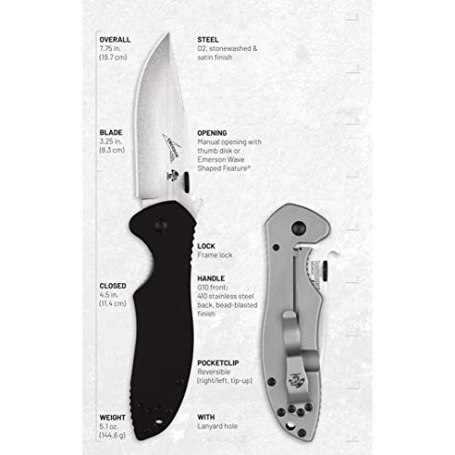 Kershaw Emerson CQC-6K Folding Pocket Knife, 3.25 inch D2 Stainless Steel Blade, Manual Opening, G10 Handle, 6034D2