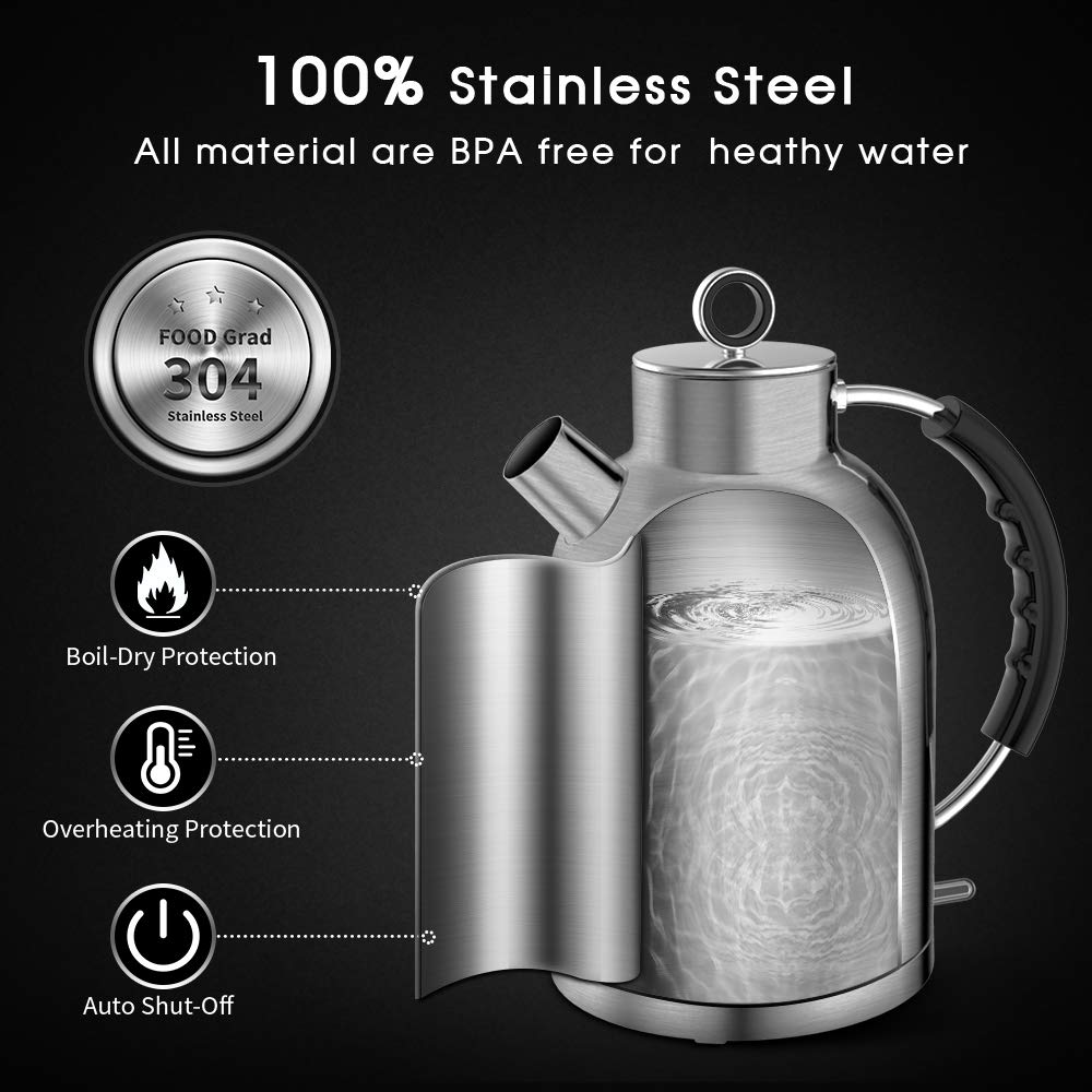 Electric Kettle, ASCOT Stainless Steel Electric Tea Kettle, 1.7QT, 1500W, BPA-Free, Cordless, Automatic Shutoff, Fast Boiling Water Heater - Matte Silver