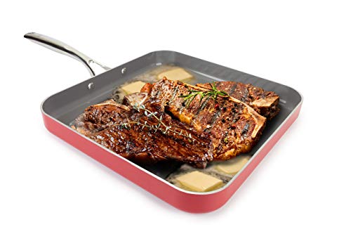 EaZy MealZ Square Non-Stick Grill Pan for Stove, Light weight, Perfect Grill Marks, Oven Safe up to 500 Degrees, Extra Large, 12" Red