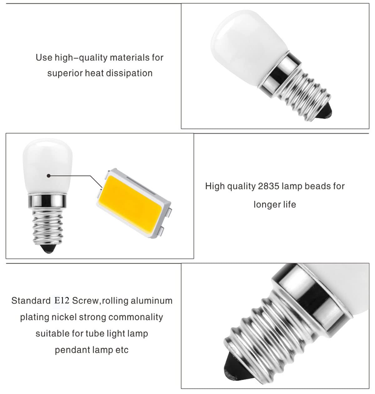 Edearkar 2W E12 LED Refrigerator Bulb(4 Pack) E12 Base Mini 2W Refrigerator Light Cool White 6000K 110V Dimmable E12 LED Appliance Bulb for Freezer Oven Microwave Lighting,Home Lighting