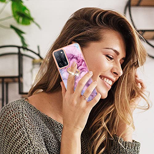 ONV Silicone Case for Oppo A55 5G - Phone Case with Luxury Glitter Metal Ring Marble Painted Stand Case TPU Bumper Protect Cover for Oppo A55 5G / Oppo A53S 5G / Oppo A54 4G / Oppo A16 [Ring] -Pink