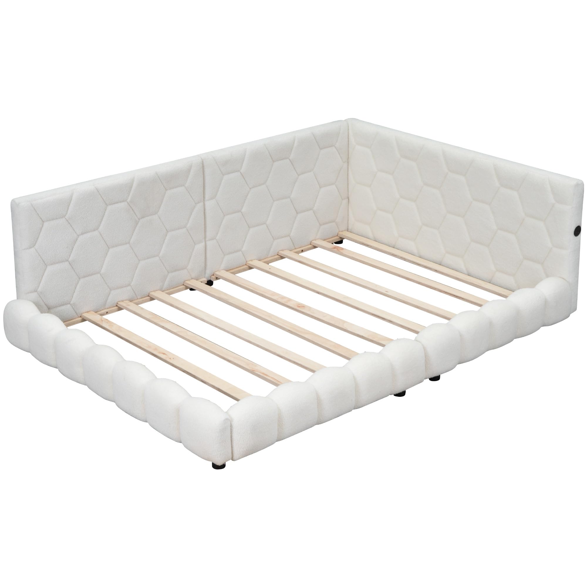 DNYN Upholstered Full Size Daybed with USB Port & Led Design,Teddy Fabric Platform Bed w/Wood Slat Support & No Box Spring Needed & Easy Assembly,Perfect for Bedroom,Livingroom,Guest Room, White