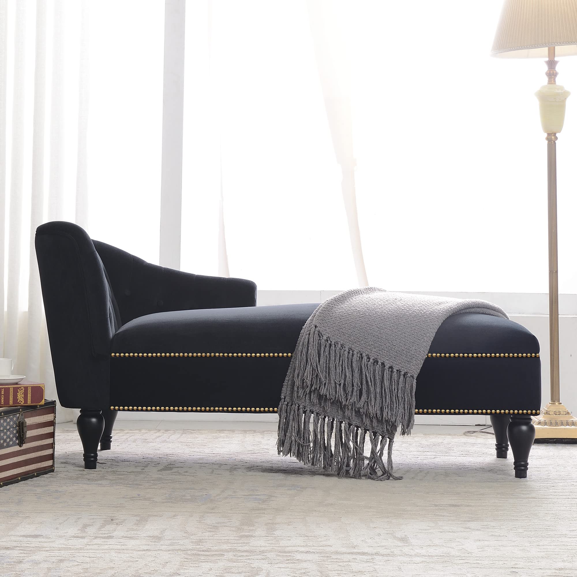 FIQHOME Indoor, 58" Velvet Chaise, Button Tufted Right Arm Facing Chair with Nailhead Trim & Solid Wood Legs for Living Room or Office, Sleeper Lounge Sofa (Black)