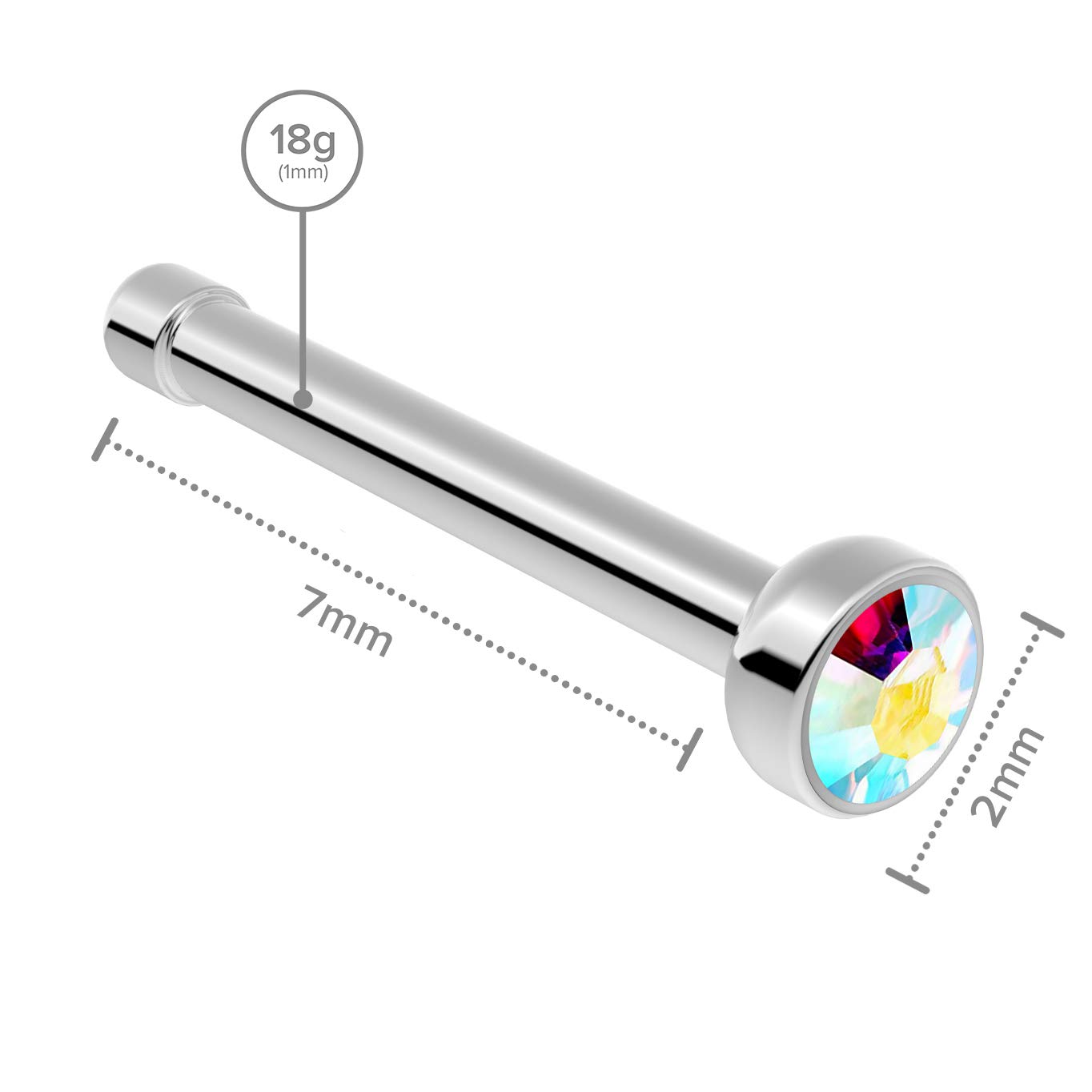 Evonix 2pc Surgical Steel Guage Nose Stud Ring 18g 1mm Flesh Nostril Straight Pin Crystal Piercing Jewelry AB Aurora Borealis