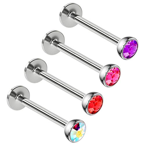 Evonix 4pcs 16g 12mm Crystal Labret Stud Lip Ring Snake Bite Conch Forward Helix Monroe Tragus Dahlia Marilyn 1/2 - Red