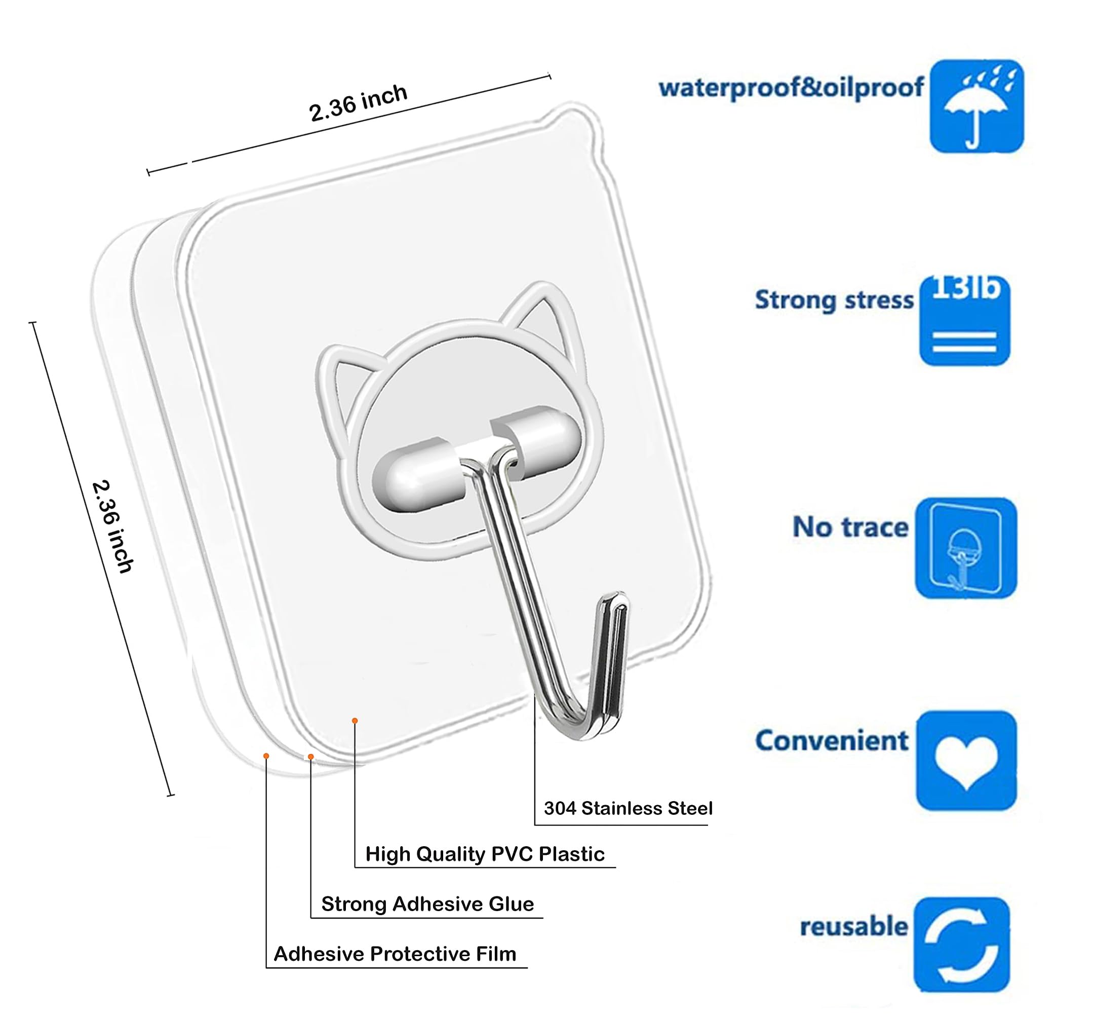 Elegana Adhesive Hooks for Hanging 24 Pack,Heavy Duty Wall Hooks 33 lbs 304 Stainless Steel Self Adhesive Sticky Hooks Waterproof Bathroom Hooks Transparent Sticky Hooks for Kitchen Glass Door