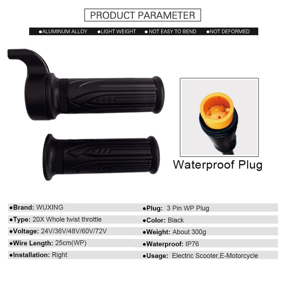Ebike Throttle WUXING 20X Whole Twist throttle12V-72V Right-Hand Accelerator，3 pin Waterproof Connector for E Bikes or Folding Electric Scooter