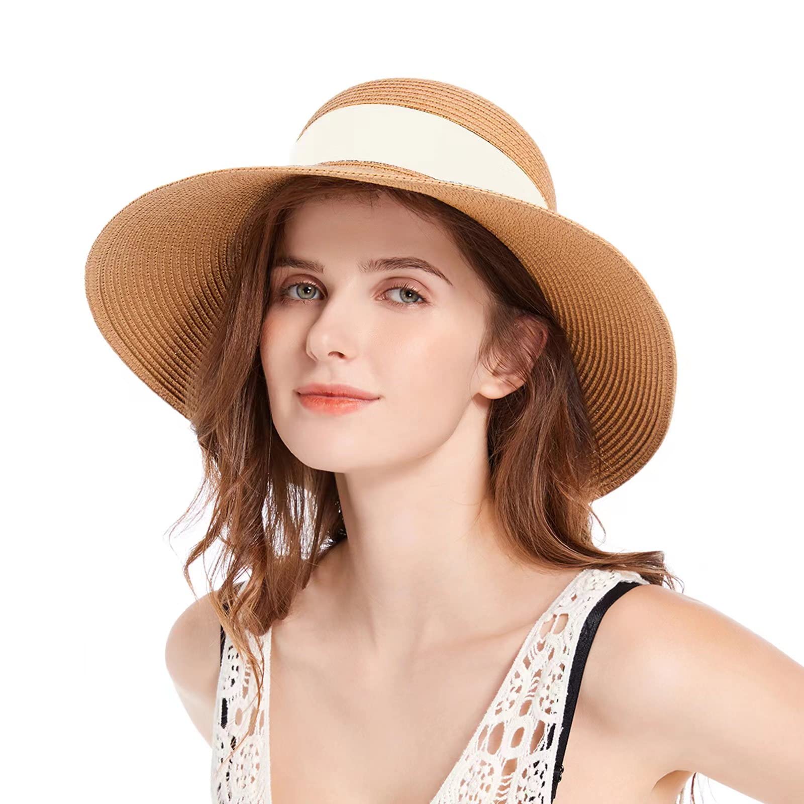 Fablepeach Womens Beach Straw Panama Hat Wide Brim Foldable Fedora Sun Hats for Women UV UPF 50+, Beige