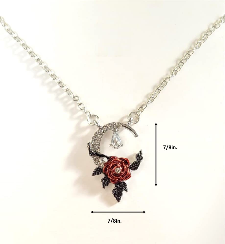 Gorgeous Rose Pendant Necklace with Crescent Moon, Chain & Lobster Claw Clasp, 18in chain