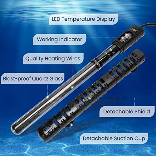 MQ Submersible Aquarium Heater, 200-500W LED Display Fish Tank Heater with External Thermostat Controller and Thermometer Sticker, Auto Thermostat for Tank 30-80 Gallon (500W for 70-80 Gallon Tank)