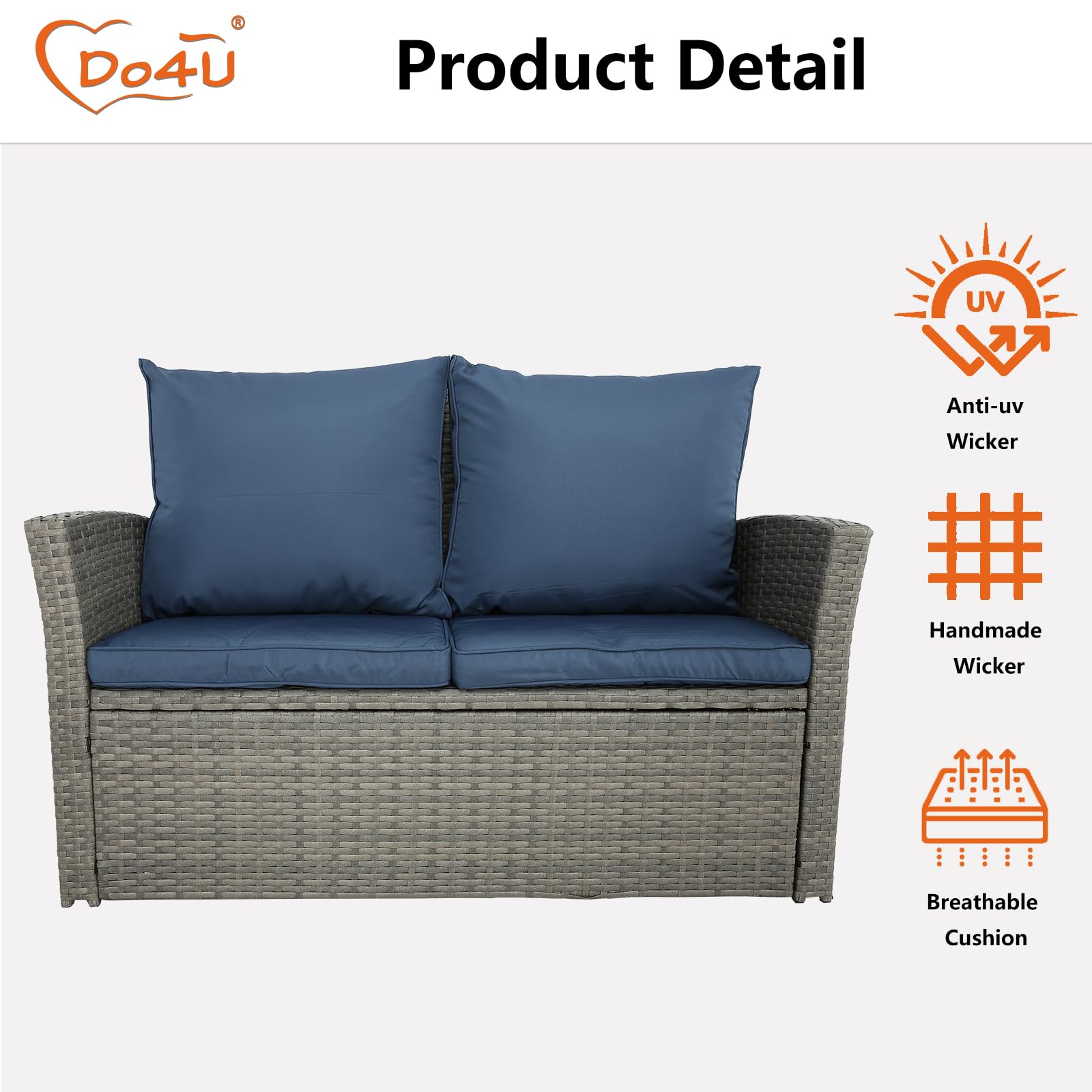 Do4U 4 Pieces Patio Furniture Sets Outdoor Sectional Wicker Set Outdoor Conversation Set Patio Set Patio Loveseats with Coffee Table Porch, Poolside, and Yard (Grey-Blue)