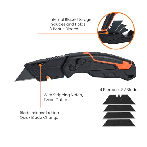 Lichamp Heavy Duty Utility Knife, 4 Pack Razor Box Cutter Knives Retractable and Folding Set with 16pcs SK2 Blades, E4N02S