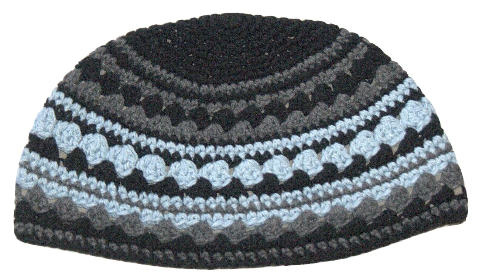 Frik Kippah Skull Cap Yarmulke Yamaka Crochet Black, Gray, Aqua Striped Israel 26 cm