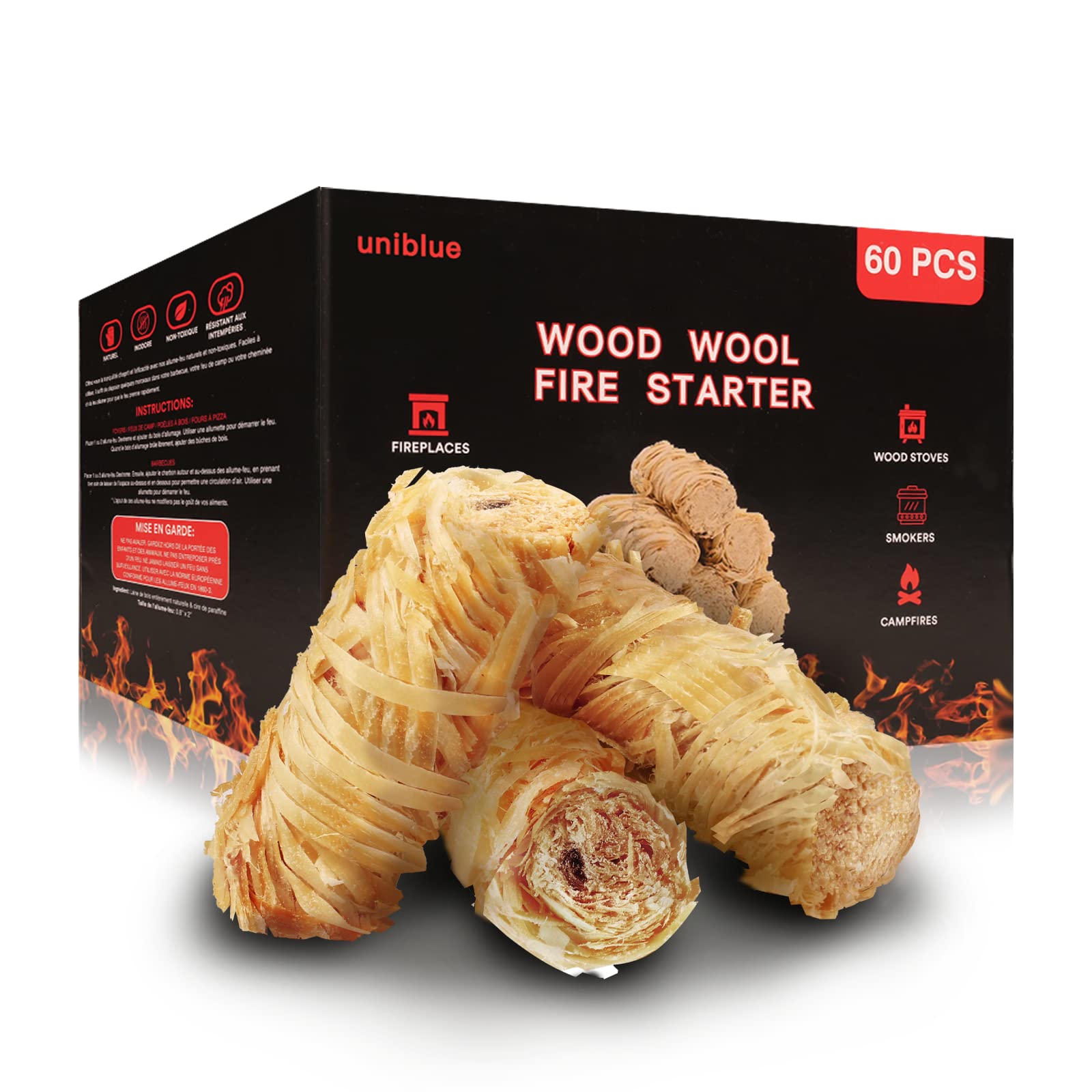 Fire Starters, 60 pcs Charcoal Starter, All Weather Charcoal Starters, for Indoor Fireplace, Campfires, Fire Pit, Chimney, Pizza Oven, BBQ, Made with Natural Hardwood