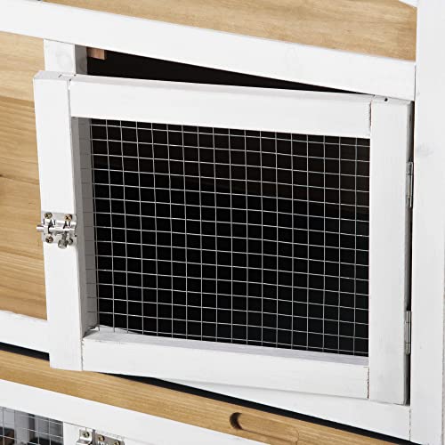 PawHut 90.5" Wooden Rabbit Hutch Bunny Cage Pet Playpen House Enclosure with Double Side Run Boxes, No Leak Tray, Ramp, for Guinea Pig and Small Animals, White