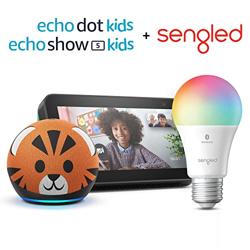 Echo Show 5 (2nd Gen) Kids | Chameleon with Echo Dot (4th Gen) Kids | Tiger and Sengled Bluetooth Color bulb | Alexa smart home starter kit
