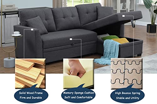 Payeel Sectional Sofa with Pull-Out Bed and Storage Chaise Lounge 81.5" Reversible Furniture Contemporary L-Shaped Fabric Sleeper Sofa for Living Room (Dark Gray)