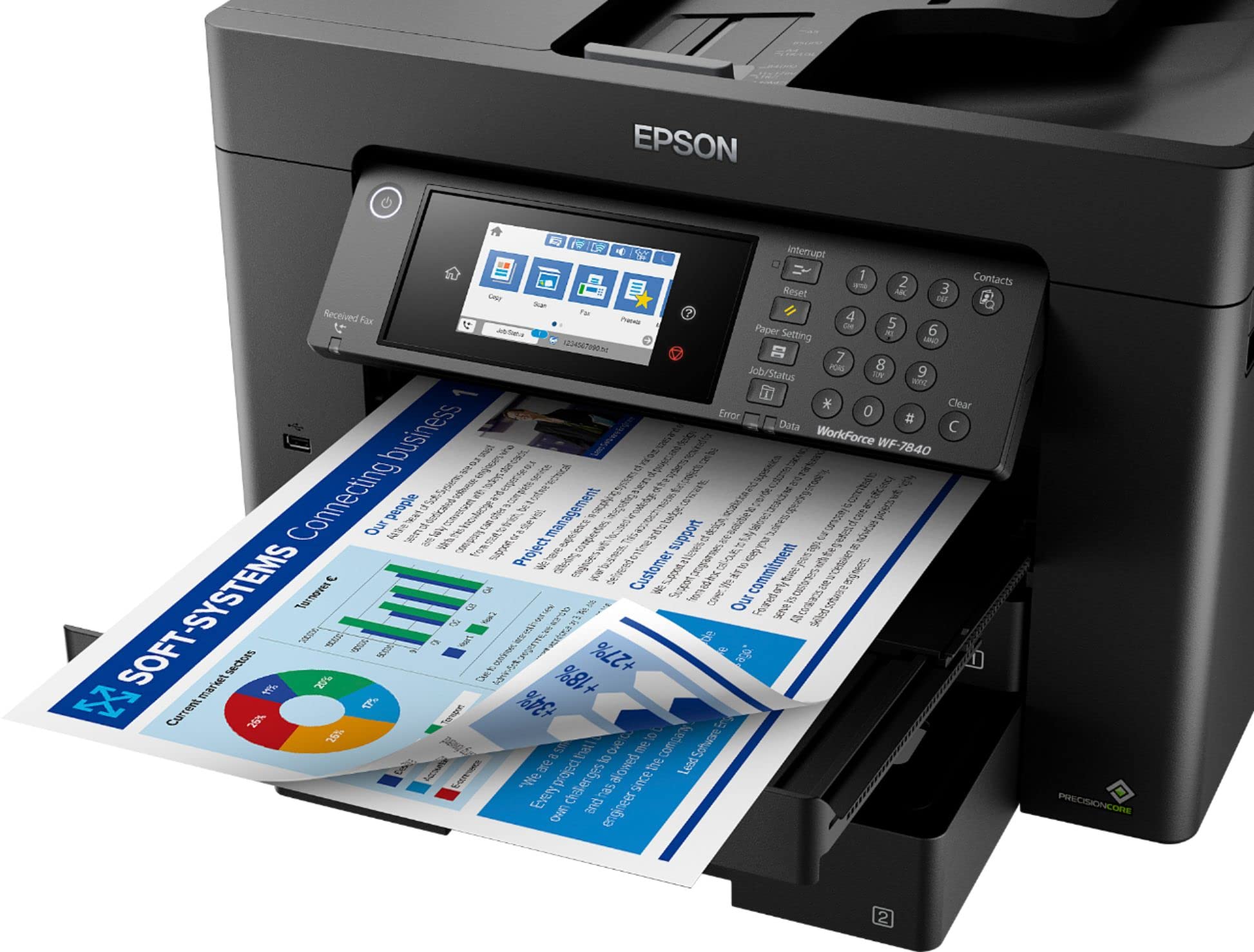 Epson Workforce Pro WF-78 Series Wireless All-in-One Inkjet Printer, Wide-Format Printing up to 13" x 19", Auto Duplex Print, Copy Scan Fax, Two 250-Sheet Trays, 50-Sheet ADF