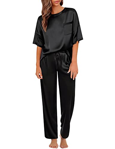 SWOMOG Pj set for Women Silk Pajamas Sleepwear Long Pant Pajama Set Soft Pajamas Satin Pjs Loungewear Two Piece Short Sleeve Pj Set Black M