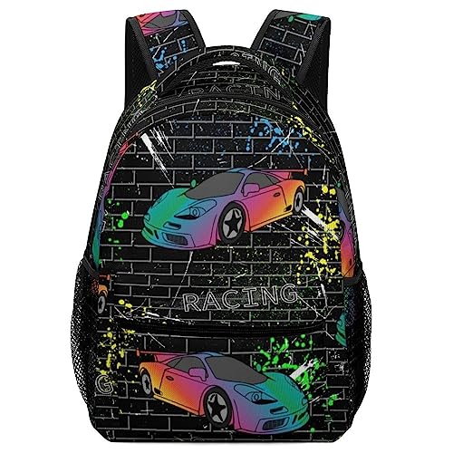 MEIKKO Colorful Sports Cars Backpack Funny Racecar Computer Bags with Chest Strap,Lightweight Casual Daypack for Women Men Hiking Travel Work and Business 16 Inch