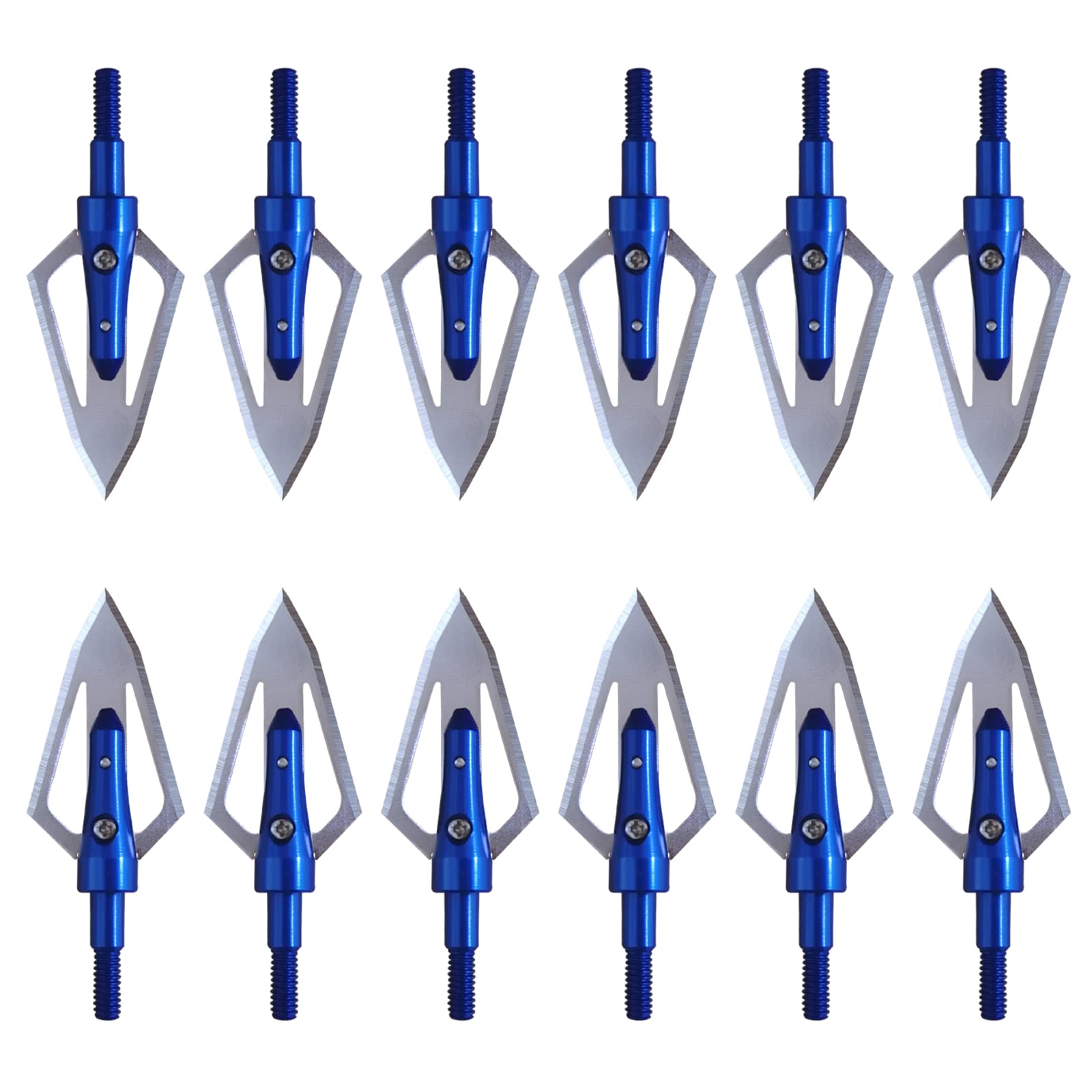 e5e10 Steel Flat Broadheads with 2 Blades 100 Grain Hunting Arrow Tips Screw Thread 0.9" Cut Archery Arrowheads + 1 pcs Black Broadhead Case Plastic Portable Case for Arrowheads (12pcs) (Blue)