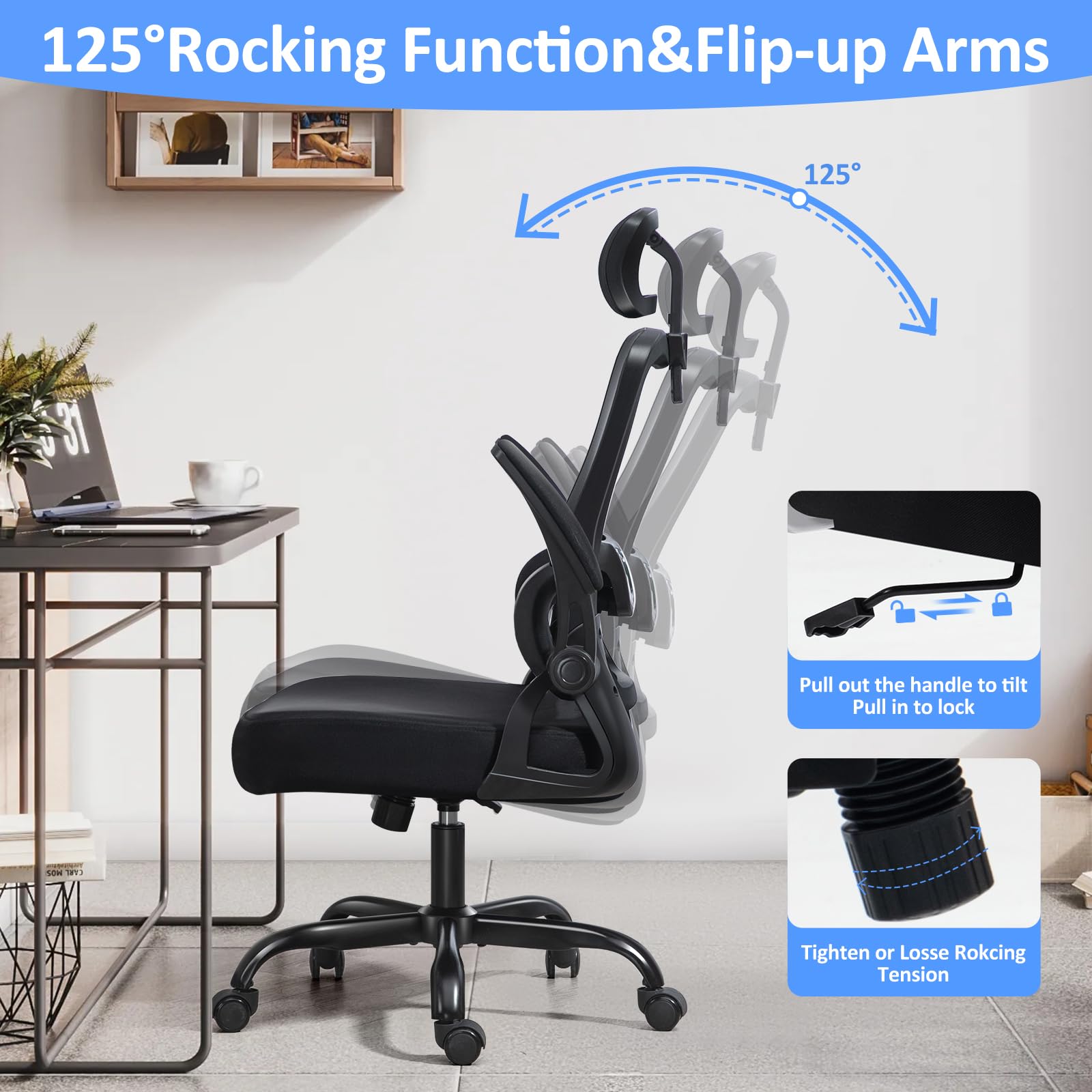 Office Chair Ergonomic Home Desk Chair, High Back Home Office Chair, Big Tall Computer Chair,Adaptable Lumbar Support, Flip-up Arms 125°Rocking, Adjustable Headrest, Thicken Cushion (Black)