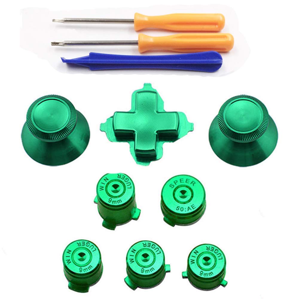 DIY Thumbstick Cap Joystick Analog Cap + Bullet ABXY + D-Pad Dpad Buttons with Screwdrivers Set for Xbox one Controller (Green)