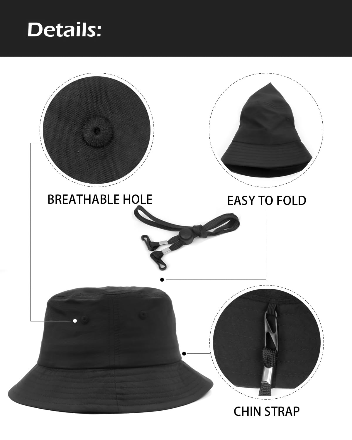 Extra Large Lightweight Bucket Sun Hat,Breathable Travel Cooling Hats,Outdoor Sun Hat for Big Heads 24.5"-25.5" Black