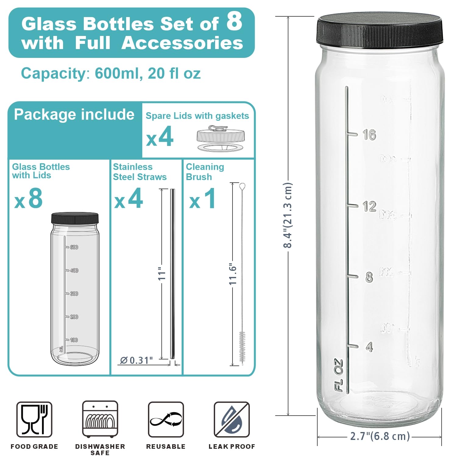 Ritayedet 8 Pack 20 Oz Glass Juicing Bottles w 8 BK SCREW Lids(100% Airtight Sturdy Lid w Silicone) & 4 WH SCREW Lids w Hole & 4 Straws - Drinking Jars, Travel Water Cups