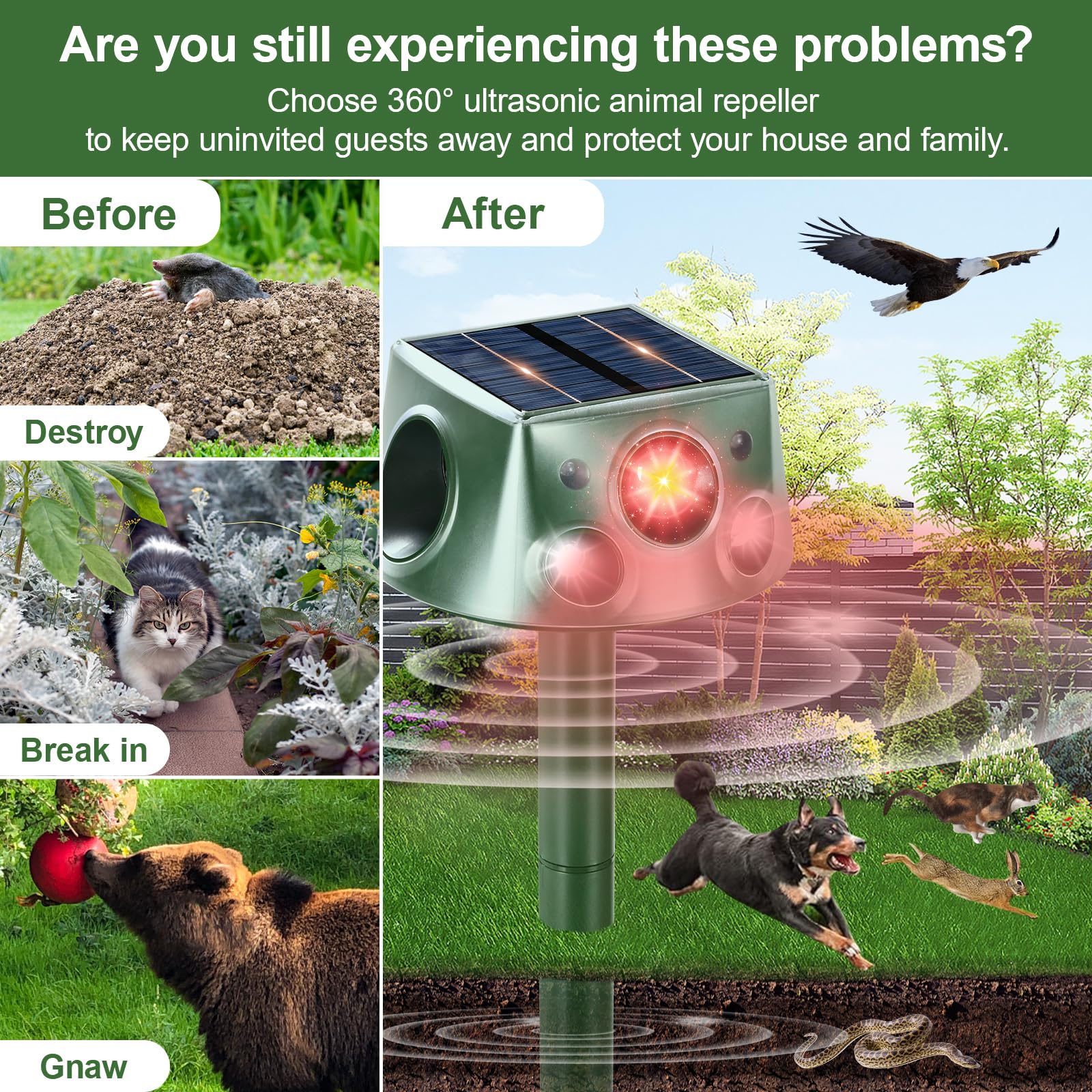 FRAMICS Solar Animal Repeller 360° Ultrasonic Animal Repellent Outdoor Solar Animal Repellent Cat Deterrent with Motion Sensor & LED Flashing Animal Repeller for Repelling Cat Squirrel Deer Raccoon