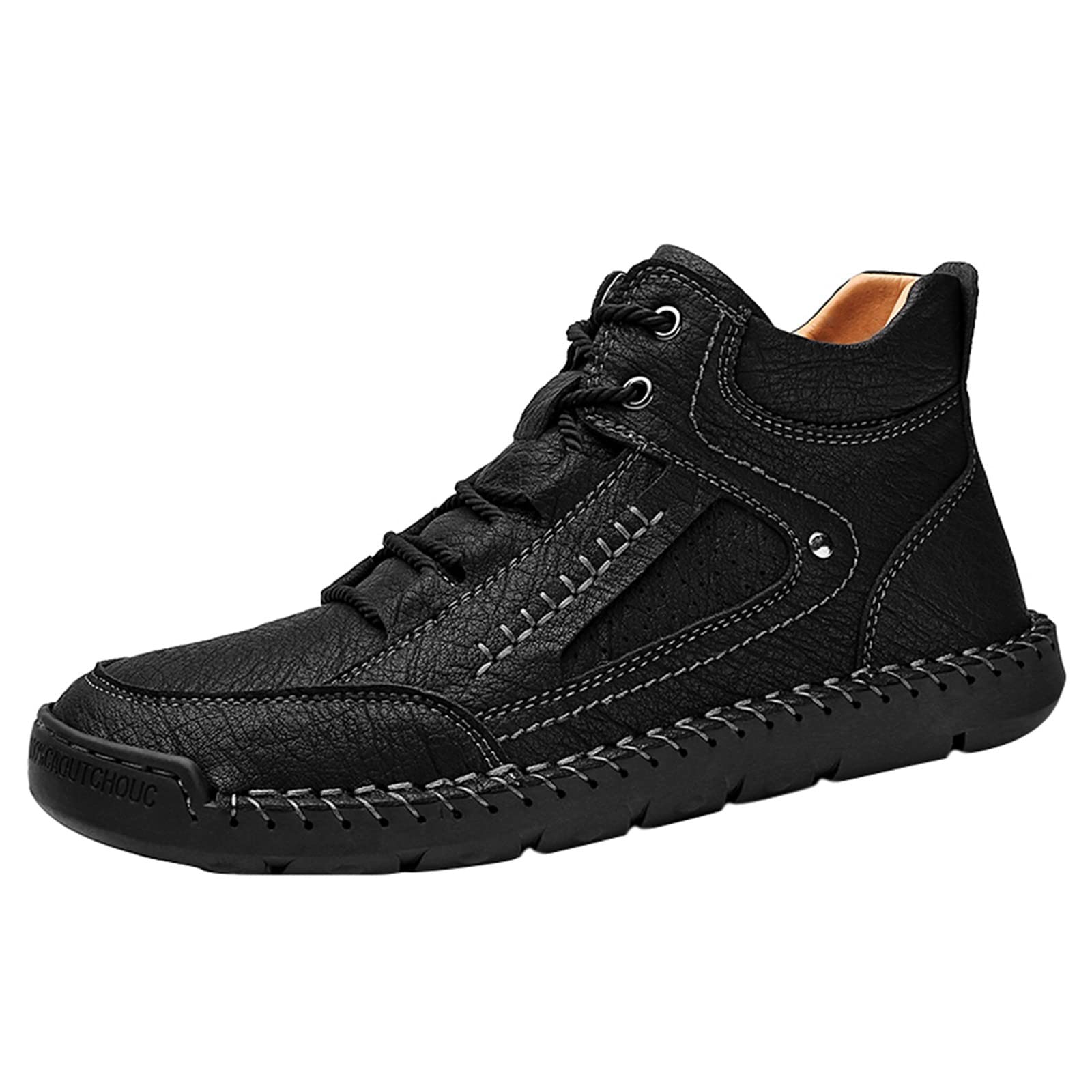 FASDNENDYS 2022 New Large Size Border Handmade Retro Stitched Leather Comfortable Casual Shoes Mens Wide Slip on Shoes Black