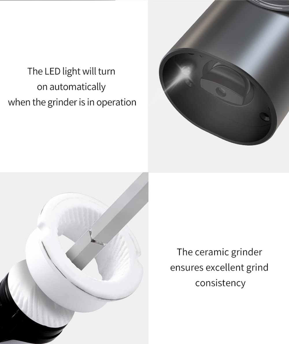 Electric Salt and Pepper Grinder,Rechargable Operated Salt Grinder,Automatic Pepper Mill with LED Light, One-hand Button Control