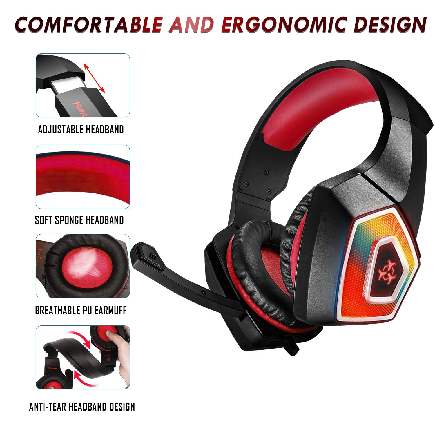 GALOPAR Stereo Gaming Headset for PC, PS4, Xbox One, 3D Surround Sound Headset with Noise Canceling Mic LED Light, Over-Ear Headphones Compatible with PS4, Xbox One, Switch, PC, Mac, Laptop