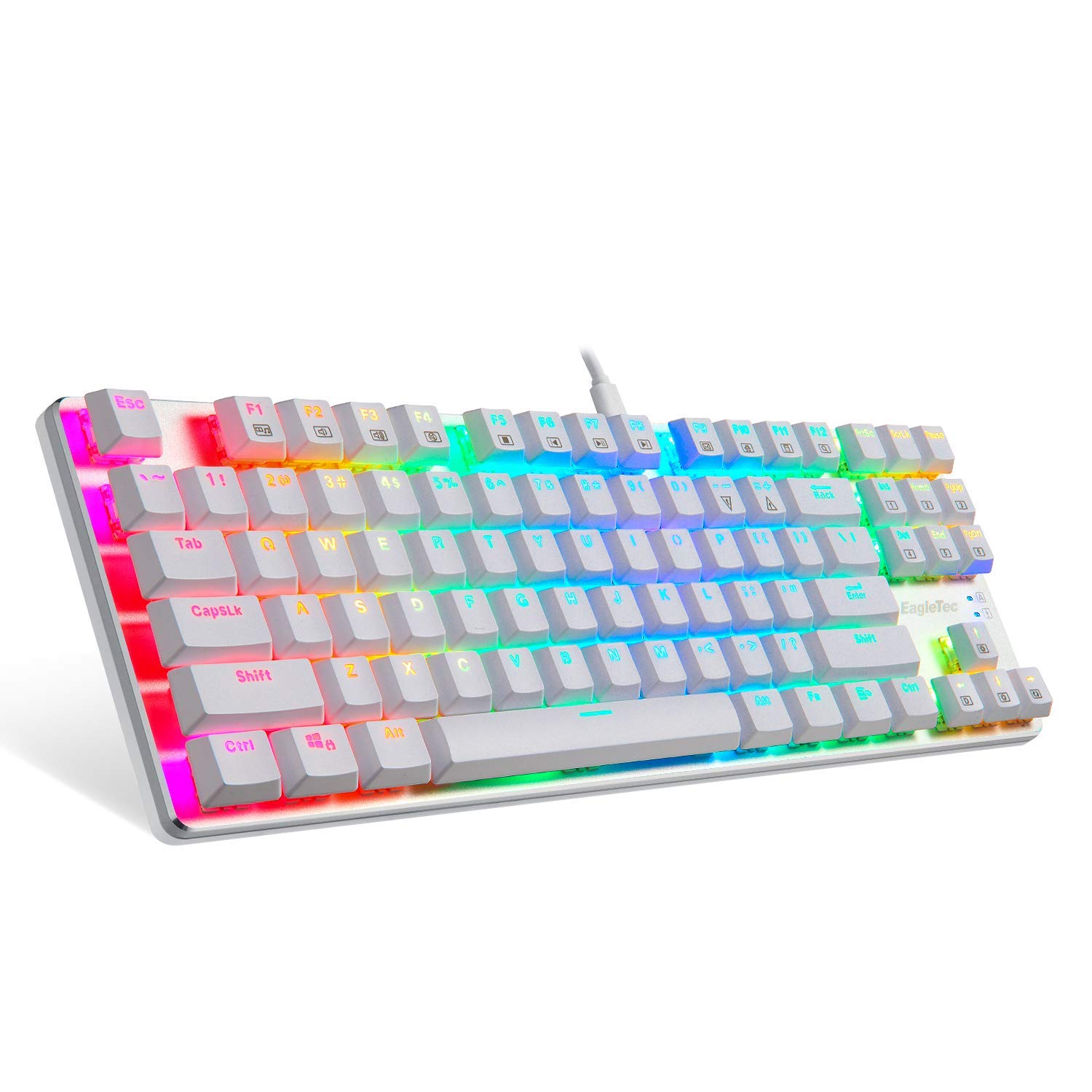 EagleTec KG061-BR RGB Backlit Mechanical Gaming Keyboard Low Profile Mechanical Gamers Keyboard 87 Key Metal Mechanical Computer USB Gaming Keyboard for PC (WHITE VERSION)