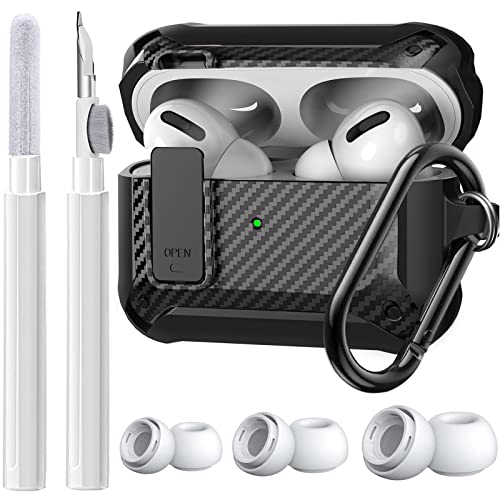 Olytop for Airpods Pro 2 Gen/Pro Case Lock with Cleaner kit&Replacement Ear Tips(S/M/L), Rugged AirPod Pro 2nd/1st Generation Protective Cover for iPod Pro 2019/2022 with Keychain, Black