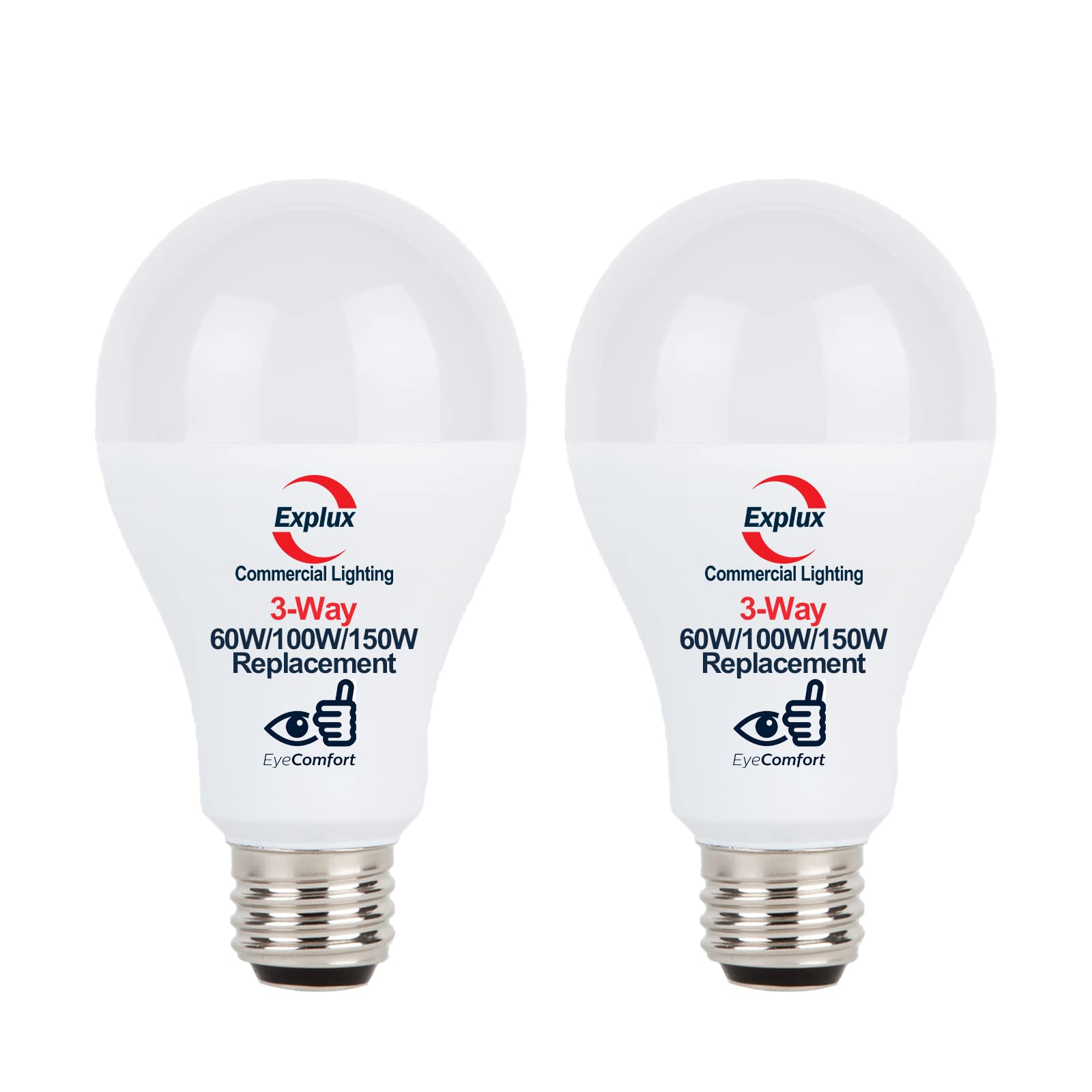 Explux Flicker-Free LED A21 3-Way Light Bulb with EyeComfort Technology, 60W/100W/150W Equivalent, 800/1700/2450 Lumens, 5000K Daylight, 2-Pack
