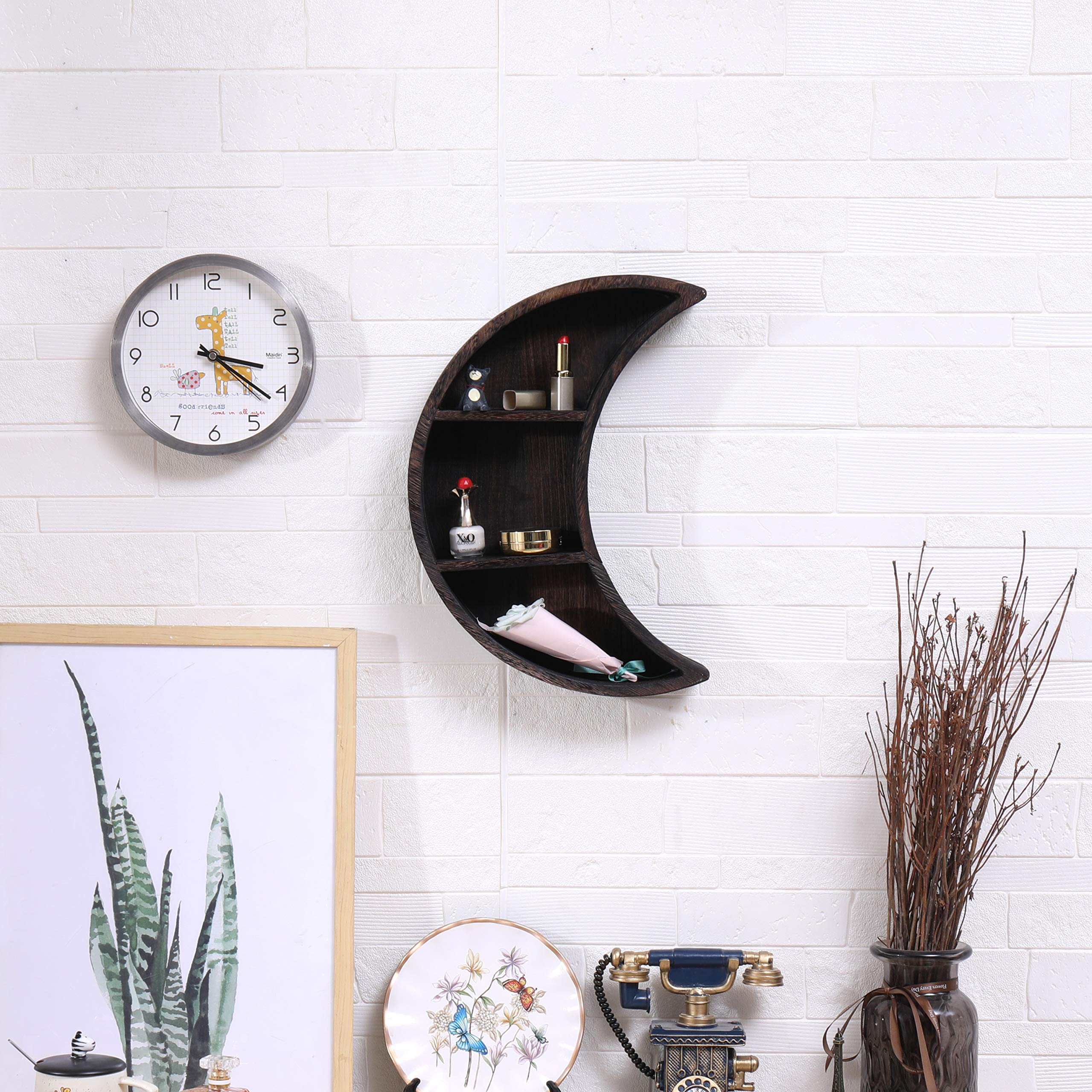 Wall Mounted Moon Shelf-Solid Wood Crystal Shelf,Distressed Antique Finished Storage Holder,Farmhouse Hanging Disaplay Shelves for Living Room,Bedroom(Burnt Color)