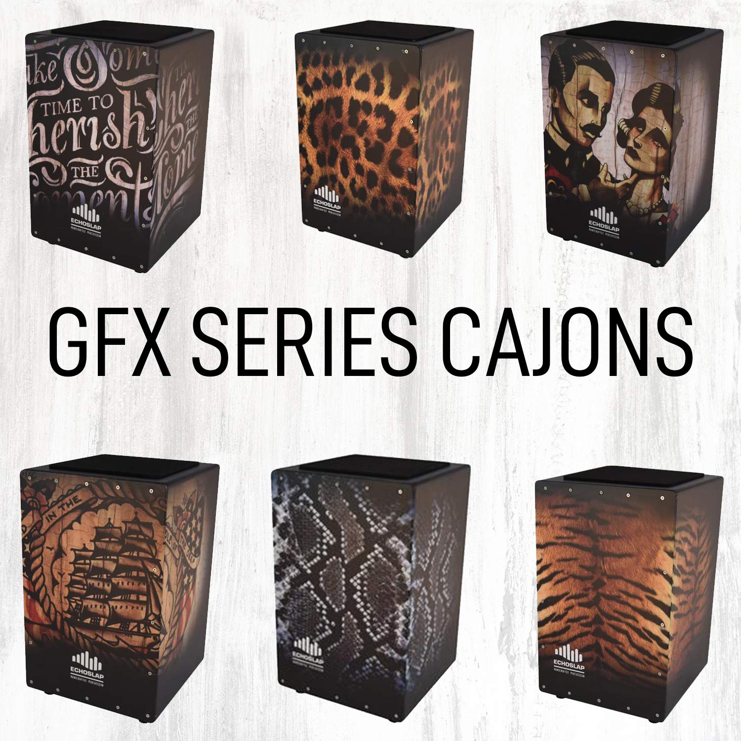Echoslap GFX Ship Cajon, Black, Hand Crafted, 21 Coiled Snare Wires, Deep Bass, Maple Frontplate, Hardwood Body + Free Gig Bag
