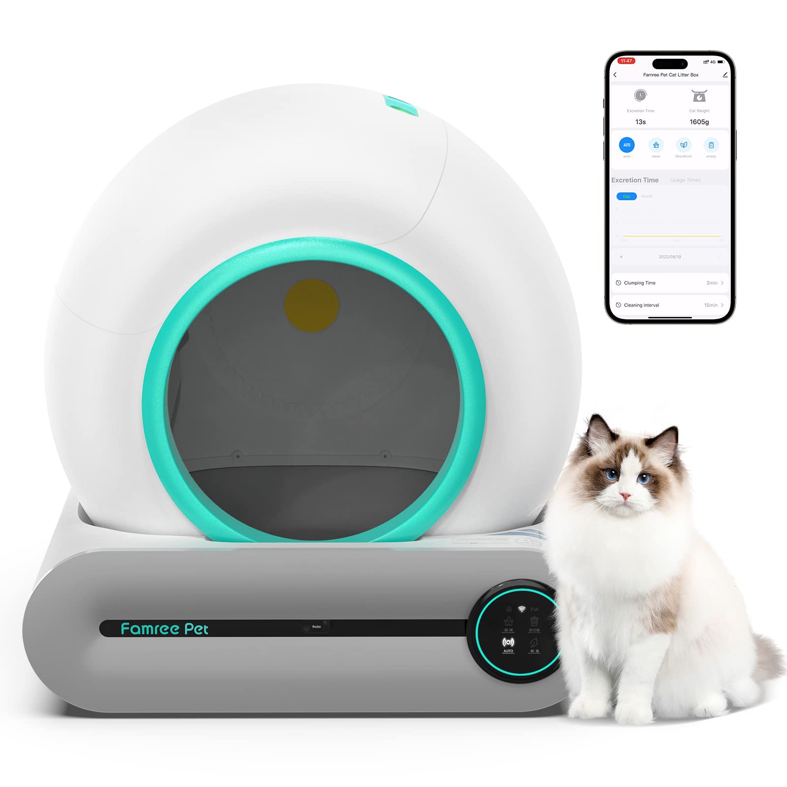 Famree Pet Automatic Cat Litter Box, Large Capacity Self Cleaning Cat Litter Box, APP Control Smart Motion Sensor Kitty Litter Box for Multiple Cats with Leak-Proof Accessories Turquoise