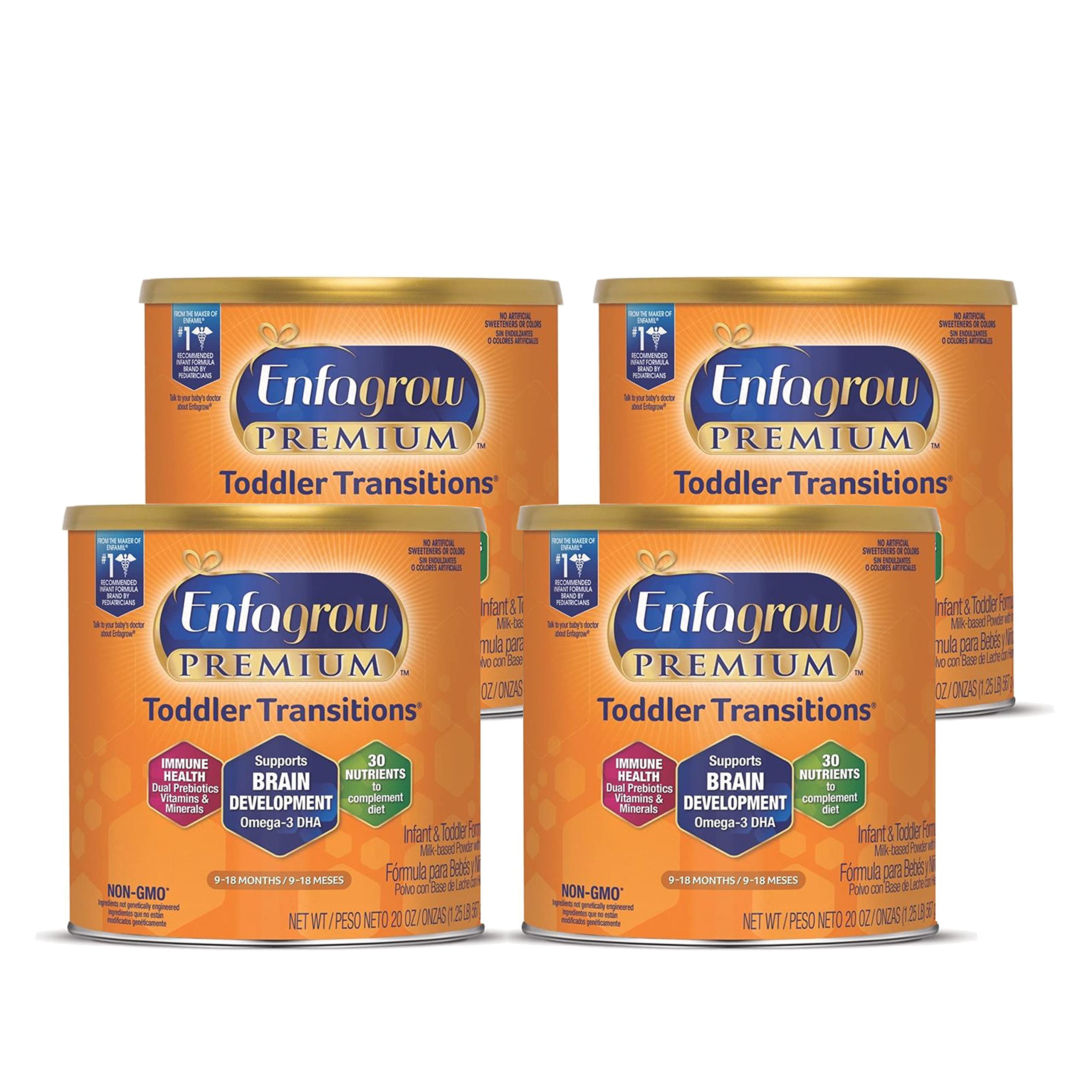Enfagrow PREMIUM Non-GMO Toddler Transitions Formula, Omega-3 DHA + Iron - Powder can, 20 oz (4 cans) 80 Oz Total