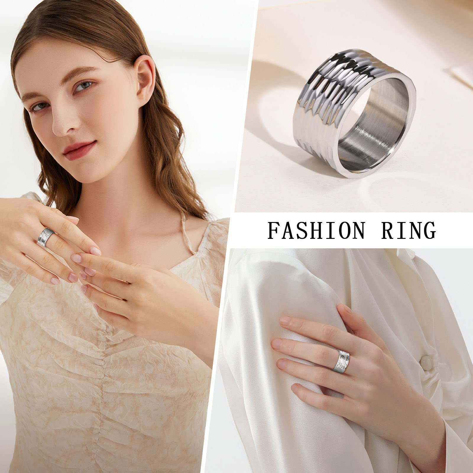 Gamtic Sliver Band Rings for Women - Stainless Steel Hammered Ring Size 9 Bright Chunky Wedding Bands 10MM Classical Simple Plain Rings for Men