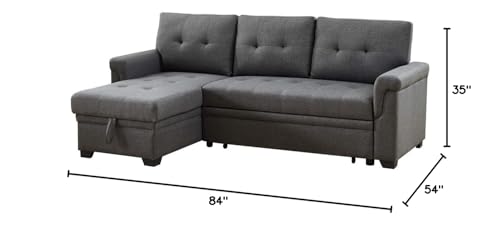 RITSU L-Shape Dark Gray Corner Couch with Storage Chaise, Linen Reversible Fabric Sleeper Sectional Sofa with Arms for Living Room, Apartment, Home Furniture, Dorm