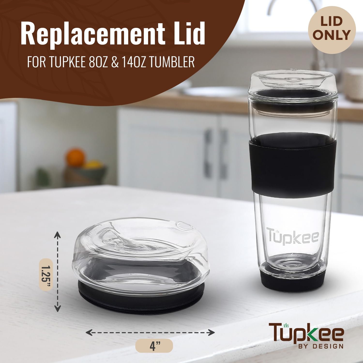 Tupkee Glass Sip Lid Black - Replacement for Tupkee Double Wall Glass Tumbler, 14oz & 8oz Hand Blown Glass Travel Mug