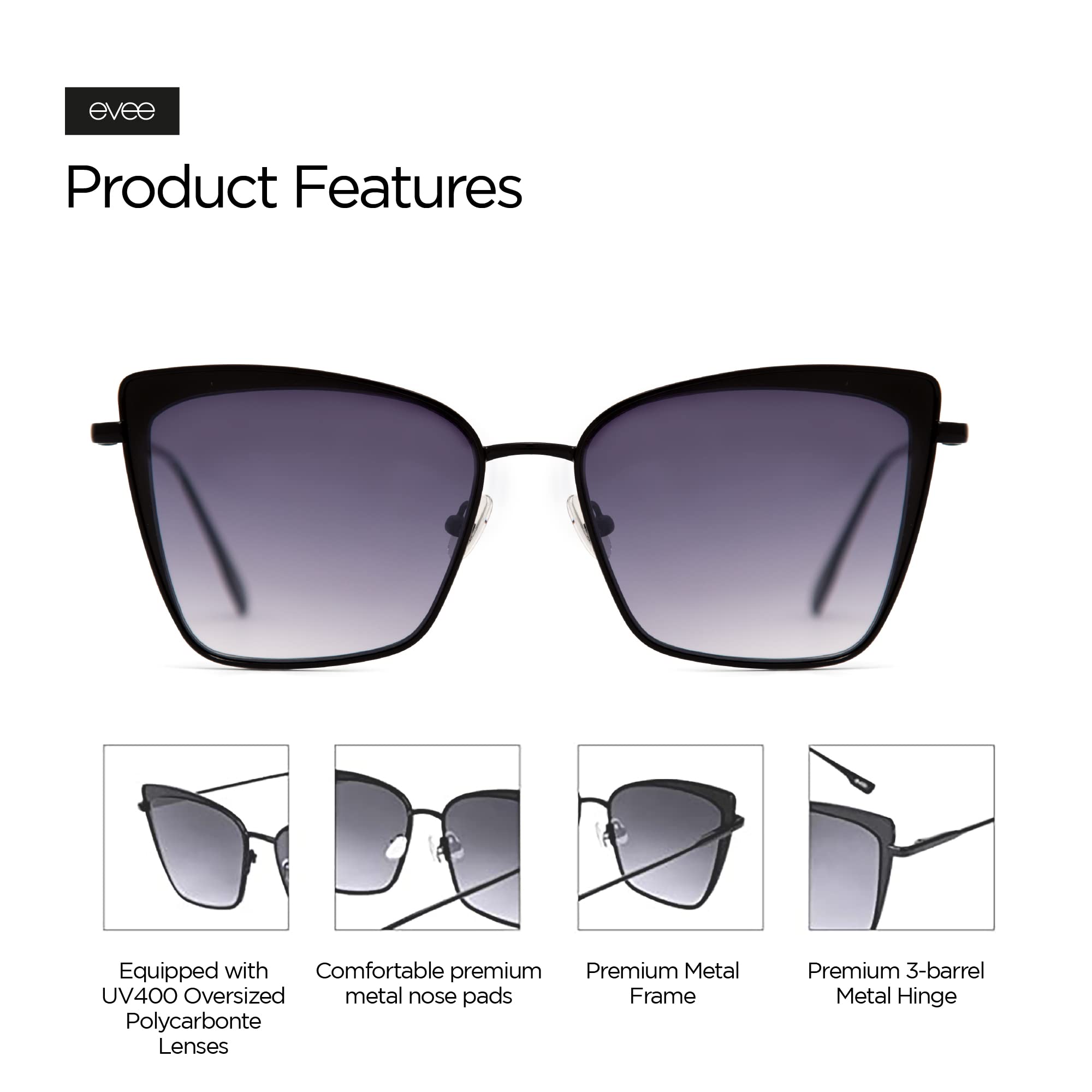 EVEE Cat Eye Sunglasses For Women with Reflective Lenses and Metal Frame - Black Cat Eye Sunglasses - (Meow)