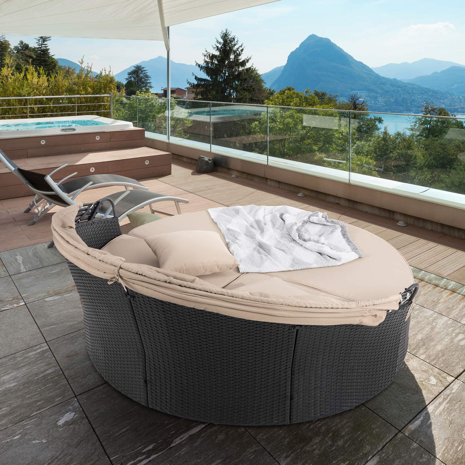 Walsunny Patio Furniture Outdoor Lawn Backyard Poolside Garden Round Daybed with Retractable Canopy Wicker Rattan, Seating Separates Cushioned Seats