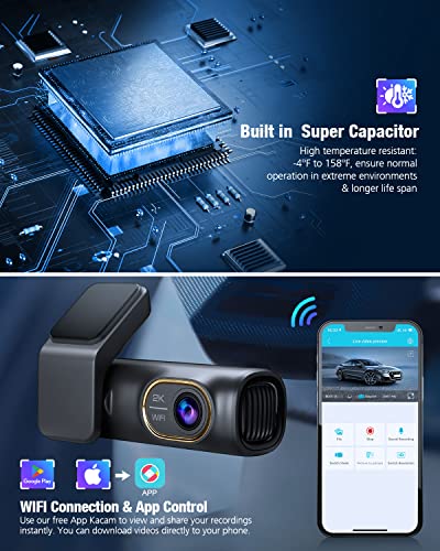 OMBAR Dash Cam 2K Built-in WiFi Car Camera, Dash Camera for Cars with Free 32G SD Card, Front Dashcam, Dash Camera Night Vision, Loop Recording, G-Sensor, 24 Hours Parking Monitor, APP, 150°Wide Angle