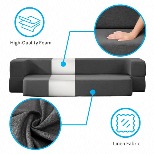 Mjkone 8.6 Inches Floor Sofa Bed Twin Size, Convertible Folding Sofa Bed, Sleeper Couch Bed with Memory Foam Mattress, Guest Bed for Living Room/Bedroom/Guest Room/Home Office (Dark Grey)
