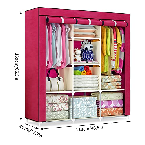 QLFJ-FurDec Portable Wardrobe Closet, 47 Inch Clothes Storage Organizer Shelves Rack, Non-Woven Fabric Cover Standing Closet with 2 Hanging Rods, Extra Durable, Quick and Easy Assembly(Wine Red)