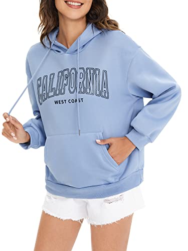 SOLY HUX Women Casual Fashion California Hoodie Los Angeles Pullover Drawstring Graphic Sweatshirt Blue L